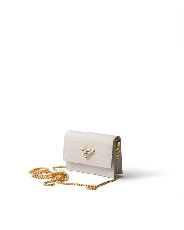 Prada Saffiano Leather Card Holder With Shoulder Strap - Neutral
