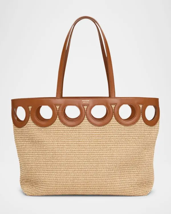 FERRAGAMO Gancini Frame Raffia Tote Bag