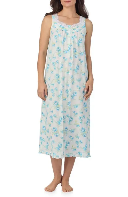 Eileen West Sleeveless Ballet Nightgown - Aqua Floral White