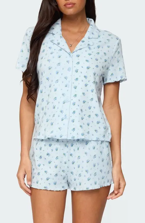 EDIKTED Floral Pointelle Button-up Shirt - Light-blue