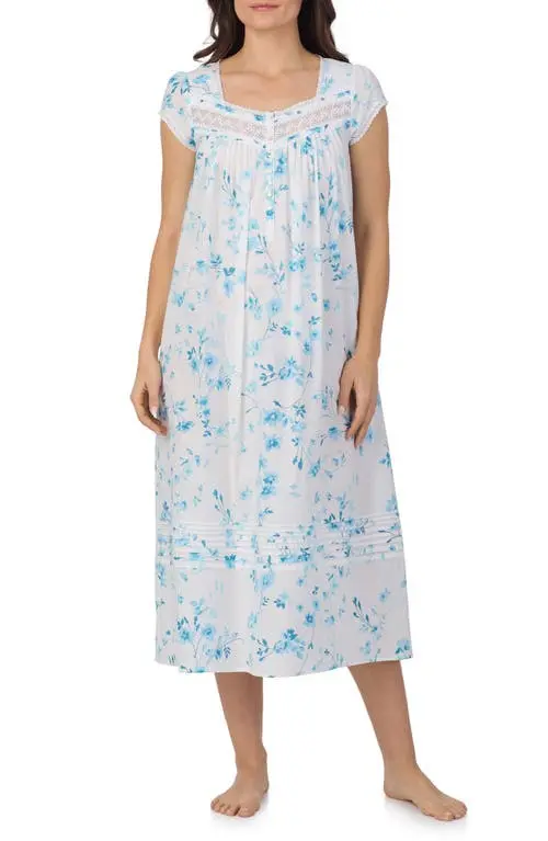 Eileen West Cap Sleeve Cotton Lawn Ballet Nightgown - Aqua Floral White
