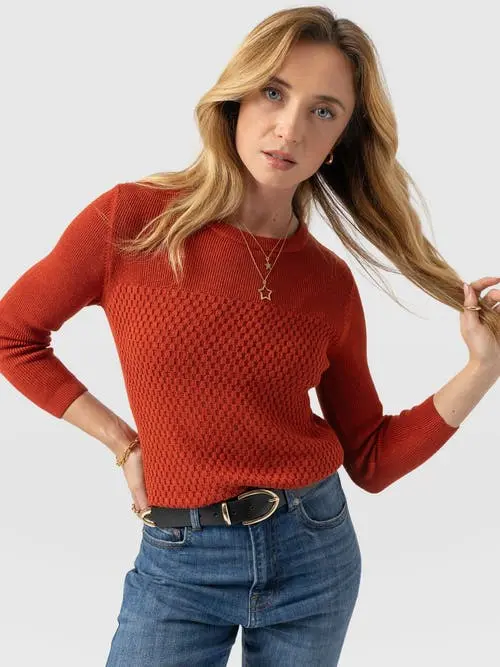 SAINT + SOFIA Honeycomb Ribbed 3/4 Sleeve Sweater - Amber