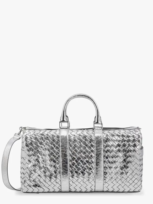 Bottega Veneta Leather Duffle Bag With Intrecciato Motif - Silver