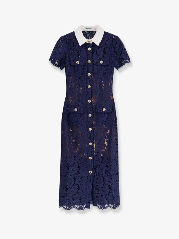 Self-Portrait Lace Midi Dress With Jewel Button Blue Editorialist