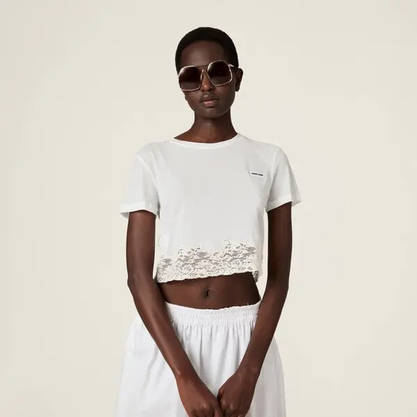 Miu Miu Ribbed Jersey And Lace T-Shirt - White | Editorialist