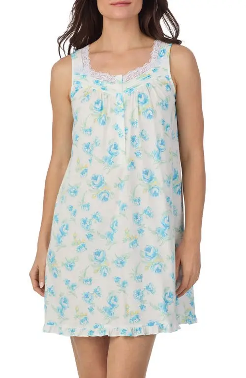 Eileen West Floral Sleeveless Jersey Chemise - Aqua Floral White