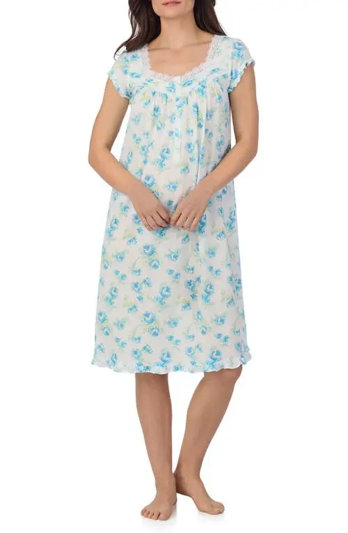 Eileen West Cap Sleeve Waltz Nightgown - Aqua Floral White