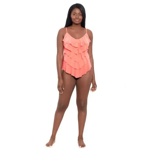 TRIMSHAPER Rachel 5 Tier Ruffle Tankini Swimsuit Top - Coral