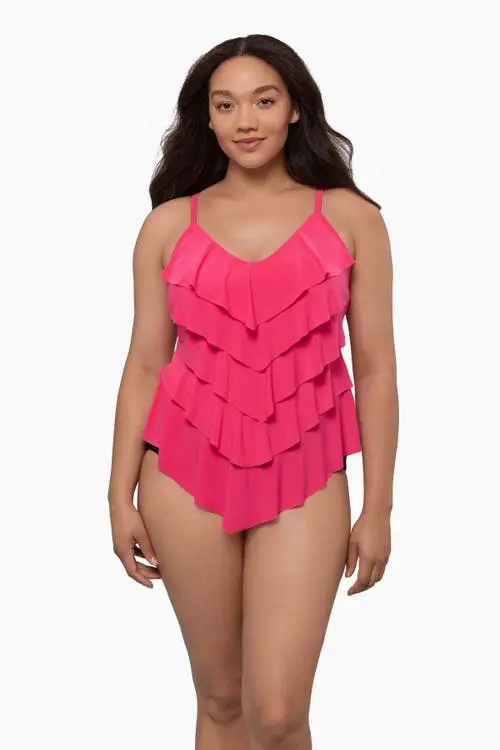 TRIMSHAPER Rachel 5 Tier Ruffle Tankini Swimsuit Top - Rose