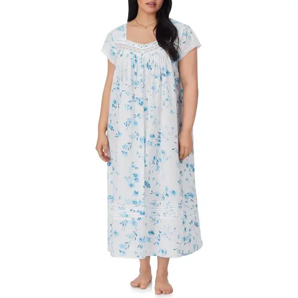 Eileen West Cap Sleeve Cotton Lawn Ballet Nightgown - Aqua Floral White