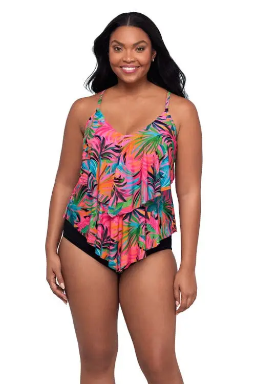 TRIMSHAPER Ronnie 2 Tier Ruffle Tankini Swimsuit Top - Amazonian Palms