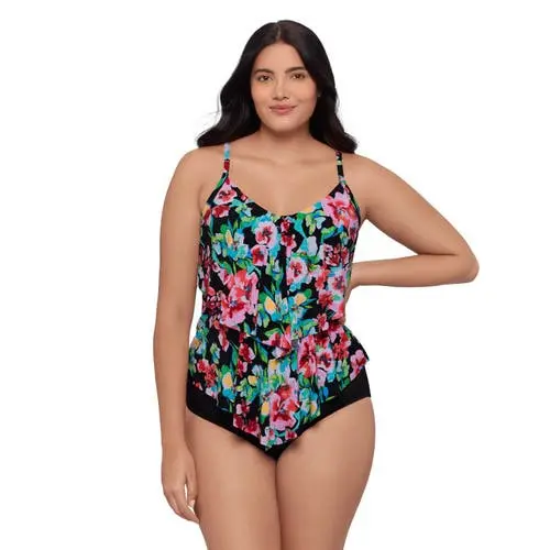 TRIMSHAPER Ronnie 2 Tier Ruffle Tankini Swimsuit Top - Blooming Beauty