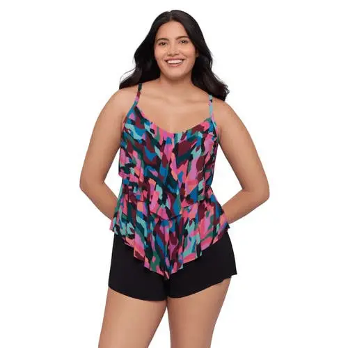 TRIMSHAPER Ronnie 2 Tier Ruffle Tankini Swimsuit Top - Collage Patch