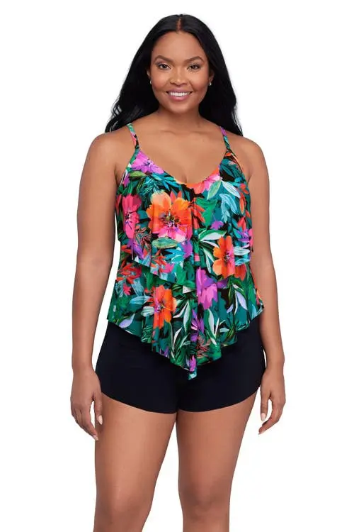 TRIMSHAPER Ronnie 2 Tier Ruffle Tankini Swimsuit Top - Lush Paradise