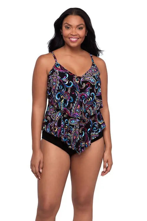 TRIMSHAPER Ronnie 2 Tier Ruffle Tankini Swimsuit Top - Painterly Paisley
