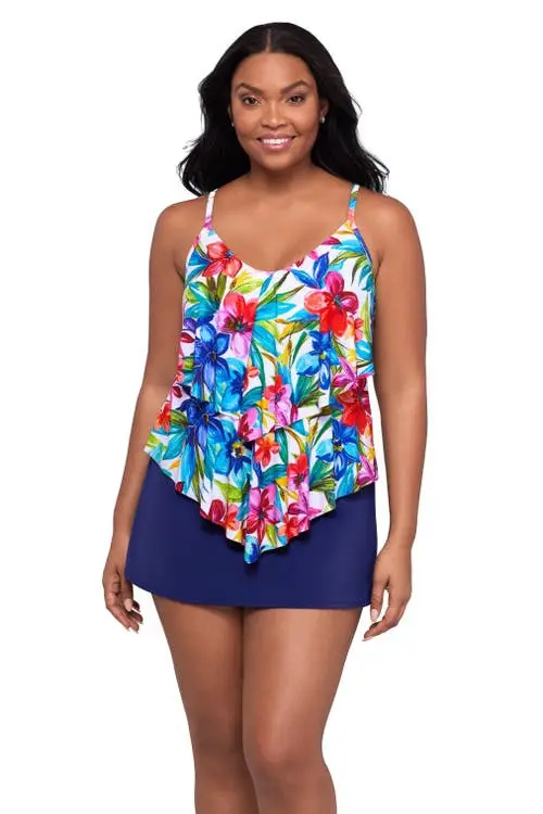 TRIMSHAPER Ronnie 2 Tier Ruffle Tankini Swimsuit Top - Tropical Treasure