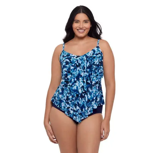 TRIMSHAPER Ronnie 2 Tier Ruffle Tankini Swimsuit Top - Underwater Tie Dye