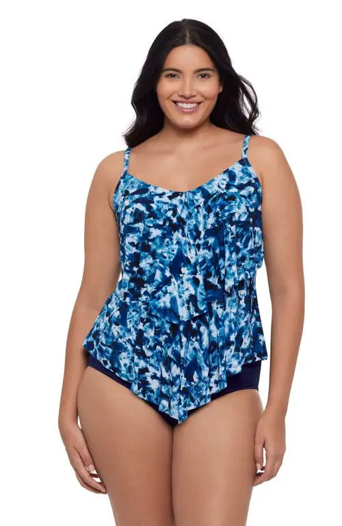 TRIMSHAPER Ronnie 2 Tier Ruffle Tankini Swimsuit Top - Underwater Tie Dye