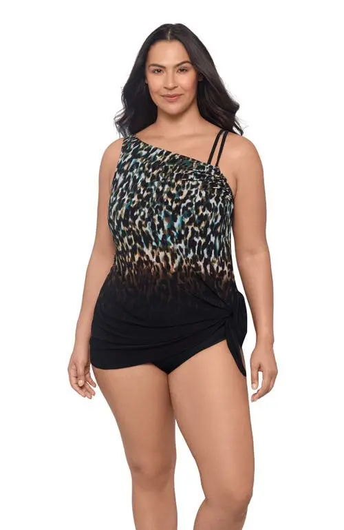 TRIMSHAPER Brianna Adjustable Side-tie Swimdress - Leopard In The Mist Ombre