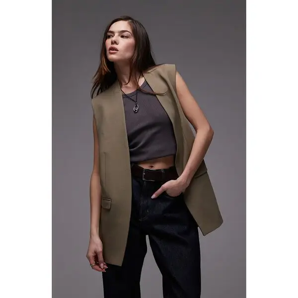 Topshop Sleeveless Longline Blazer - Brown