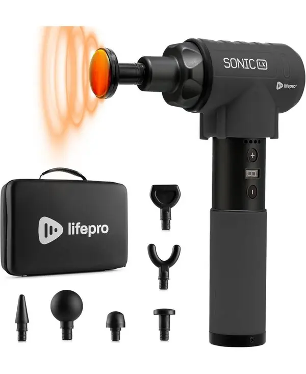 LIFEPRO Sonic Lx Professional Heated Percussion Massage Gun With 9 Speeds & 10 Attachments For Deep Tissue
