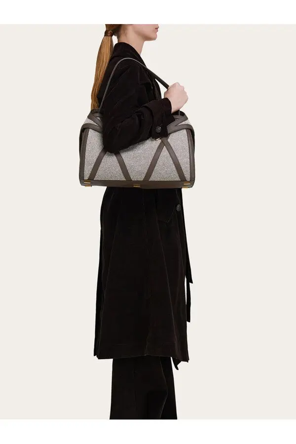 FERRAGAMO Hug Soft Shoulder Bag With Leather Trim - Brown