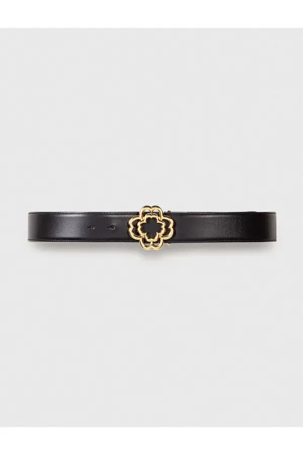 Maje Leather Belt With Clover Buckle - Black