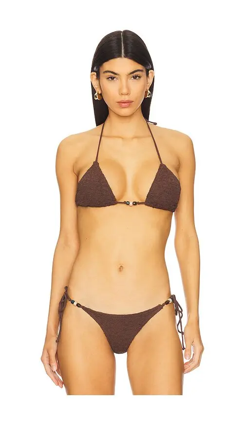 Bond Eye X Beaded Ingrid Triangle Bikini Top - Dark Chocolate Leopard Crinkle