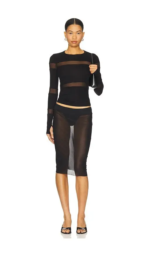 Michael Lauren Long Sleeve Fitted Top With Mesh Panelling