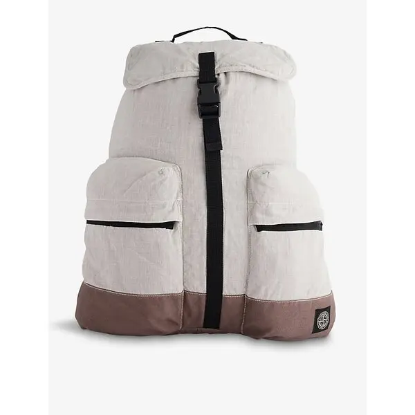 Stone Island Brand-patch Zip-pockets Linen-blend Backpack - Cream/brown