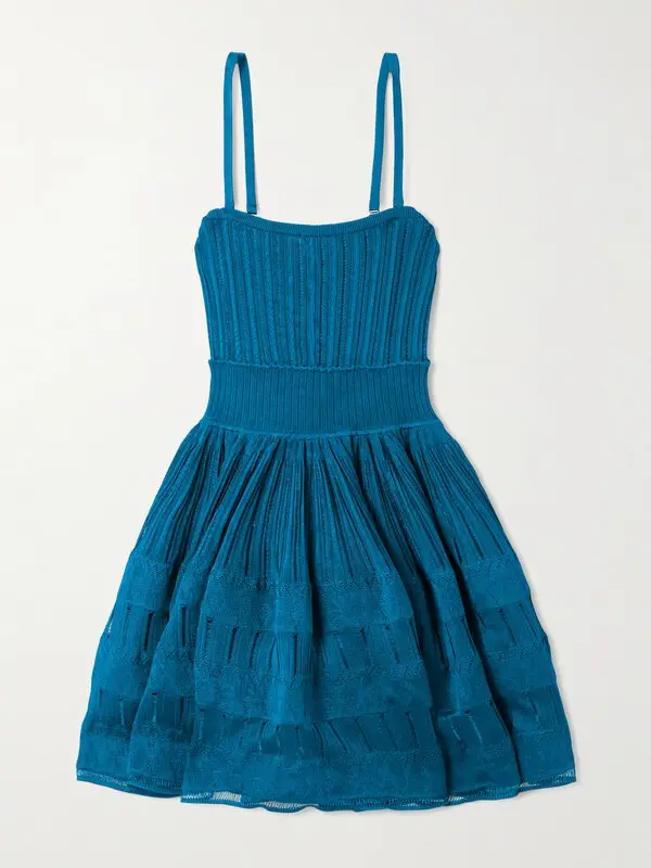 Alaïa Tiered Pointelle-knit Mini Dress - Blue
