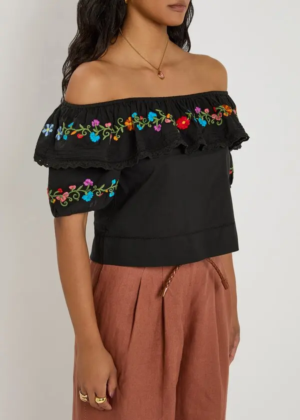 Rixo Floral-embroidered Cotton Top