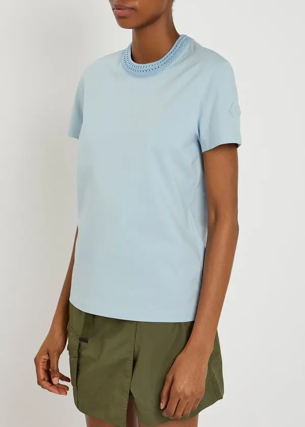 Moncler Woven Crew-neck Cotton T-shirt - Blue Light