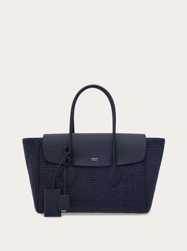 FERRAGAMO East-west Tote Bag With Braided Raffia And Calfskin Trim - Blue