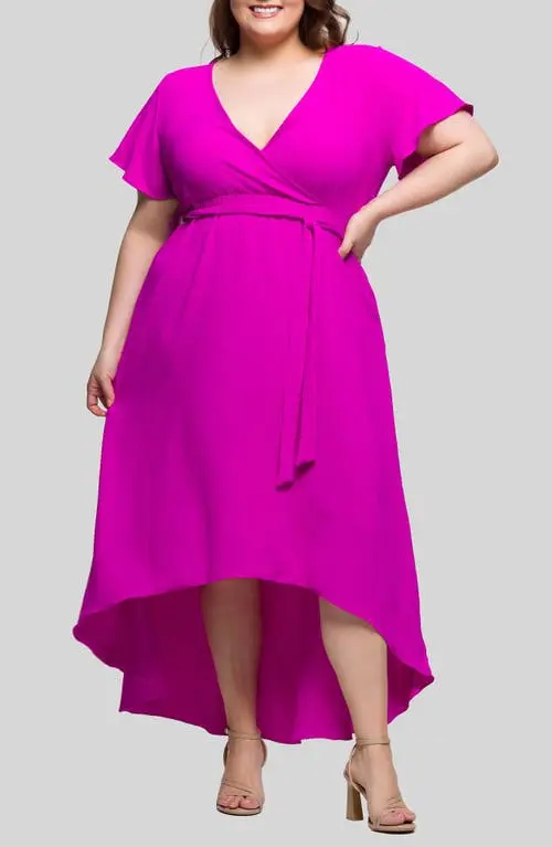 24SEVEN COMFORT APPAREL Wrap Front High-low Dress - Magenta