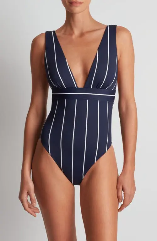 Ralph Lauren Banded Modern Plunge Neck One-piece Swimsuit - Dark Navy