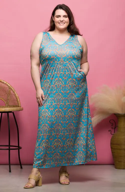 24SEVEN COMFORT APPAREL Scroll Print Knit Maxi Dress - Blue Multi