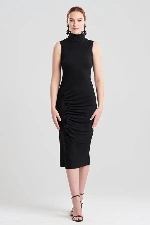 Natori Crepe Knit Mock Neck Ruched Dress In Black - 30% Off | Editorialist