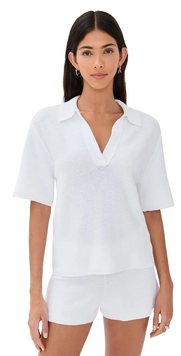 LE BOP Textured Knit Polo Top - White