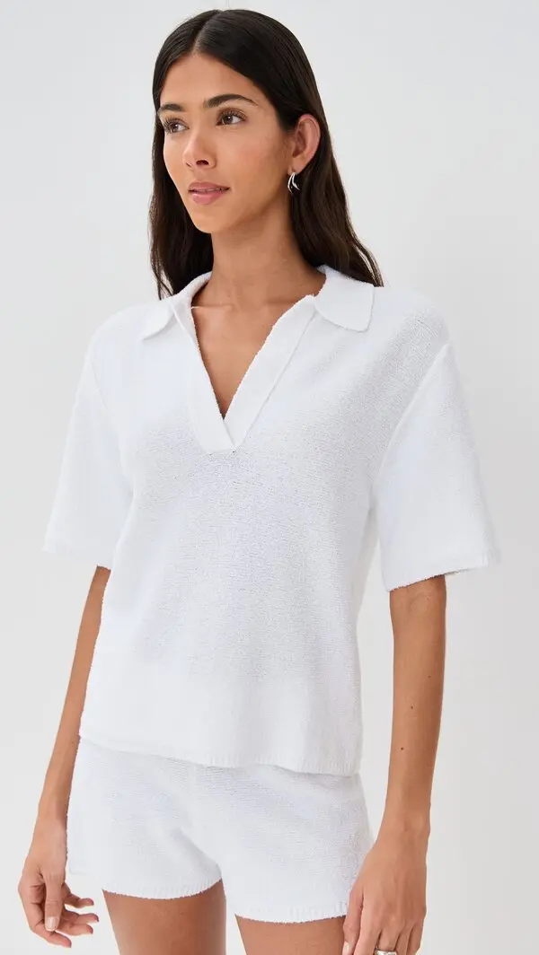 LE BOP Textured Knit Polo Top - White
