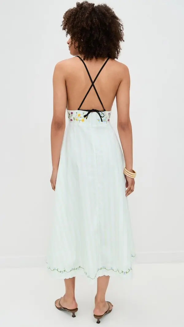 Fanm Mon Nur Floral Embroidered Stripe Dress In White With Green Stripes -  40% Off | Editorialist