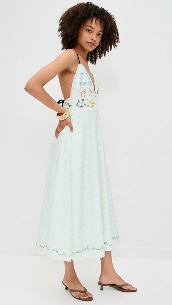 Fanm Mon Nur Floral Embroidered Stripe Dress In White With Green Stripes -  40% Off | Editorialist