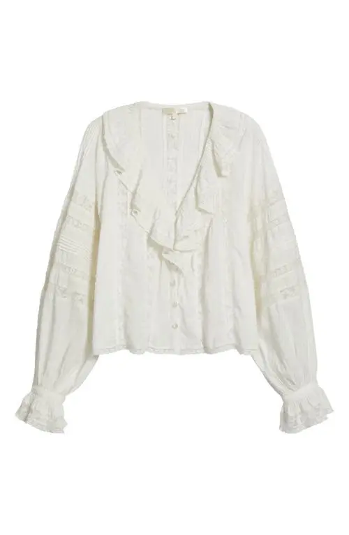 LoveShackFancy Rosabelle Lace Inset Clip Dot Button-up Shirt