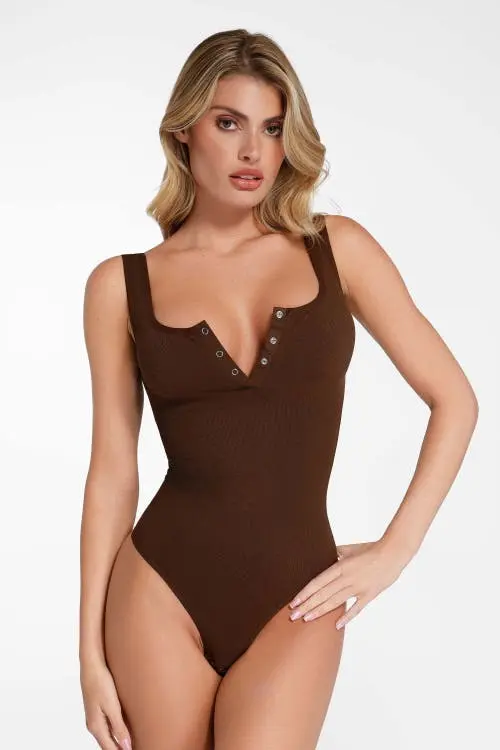 POPILUSH Shapewear Seamless Modal Henley Tank Bodysuit - Dark Brown