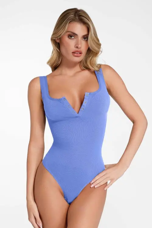 POPILUSH Shapewear Seamless Modal Henley Tank Bodysuit - Haze Blue