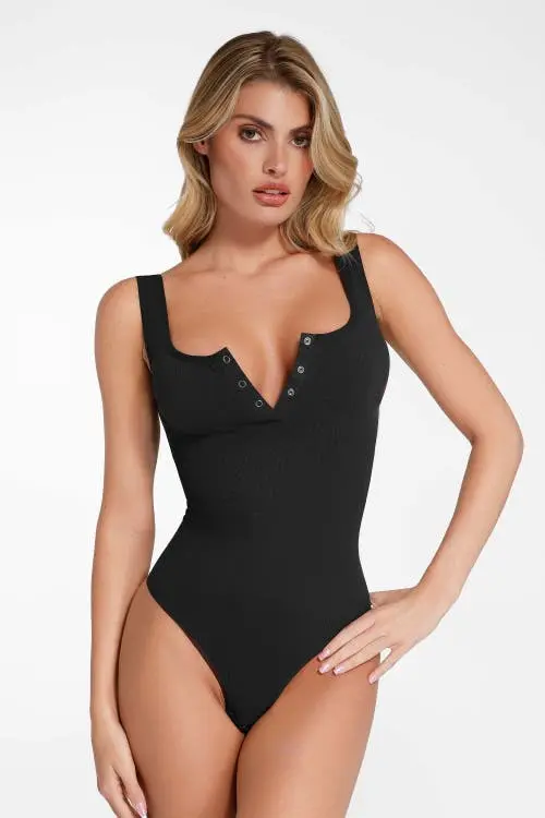 POPILUSH Shapewear Seamless Modal Henley Tank Bodysuit - Midnight Black