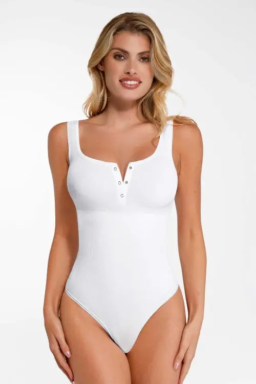 POPILUSH Shapewear Seamless Modal Henley Tank Bodysuit - Pearl White