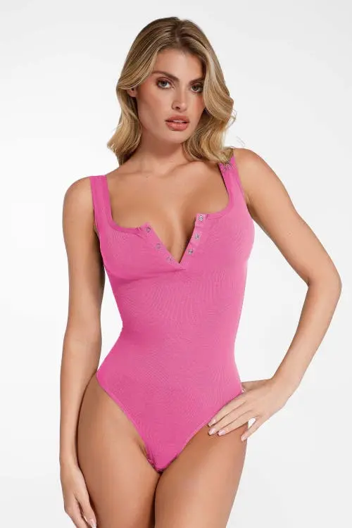 POPILUSH Shapewear Seamless Modal Henley Tank Bodysuit - Pink