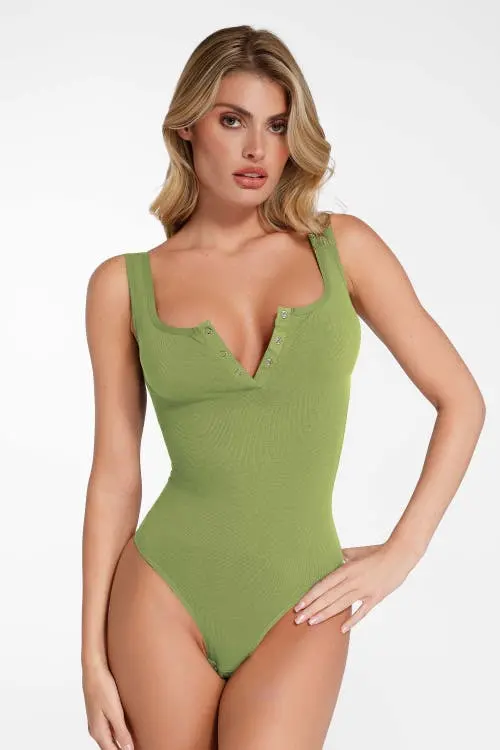 POPILUSH Shapewear Seamless Modal Henley Tank Bodysuit - Sage Green