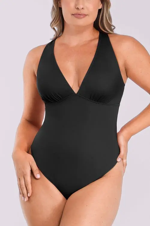 SHAPELLX Airslim Deep V-neck Cross Back Shaping Bodysuit - Jet Black